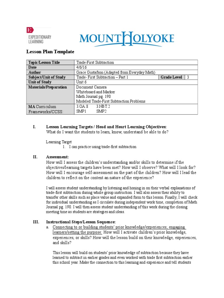 Trade-First Subtraction Lesson Plan | PDF | Lesson Plan | Quality Of Life