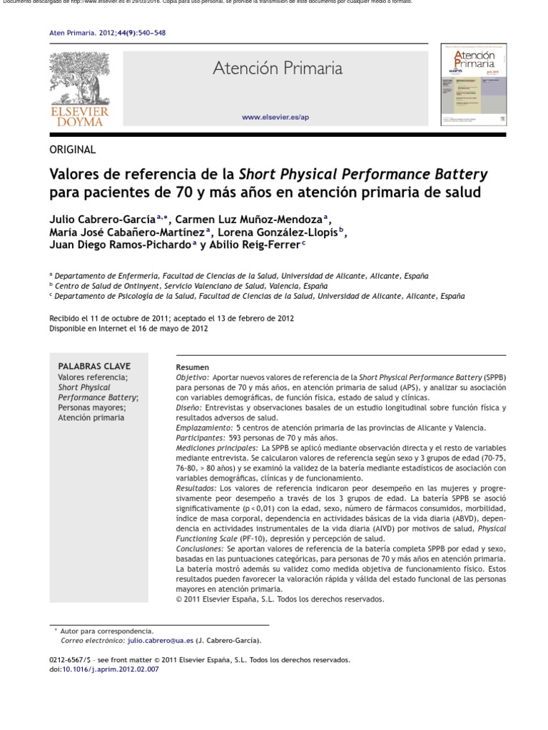 Valores de Referencia de La Short Physical Performance Battery | PDF ...