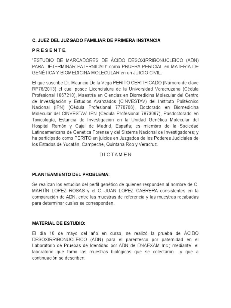 PRUEBA PERICIAL Dictamen de ADN | PDF | Perfiles de ADN | Genética
