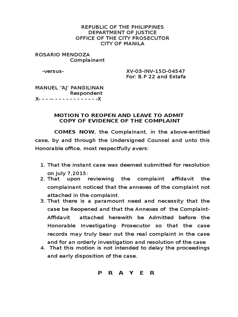 Motion to Reopen Case in Manila | PDF