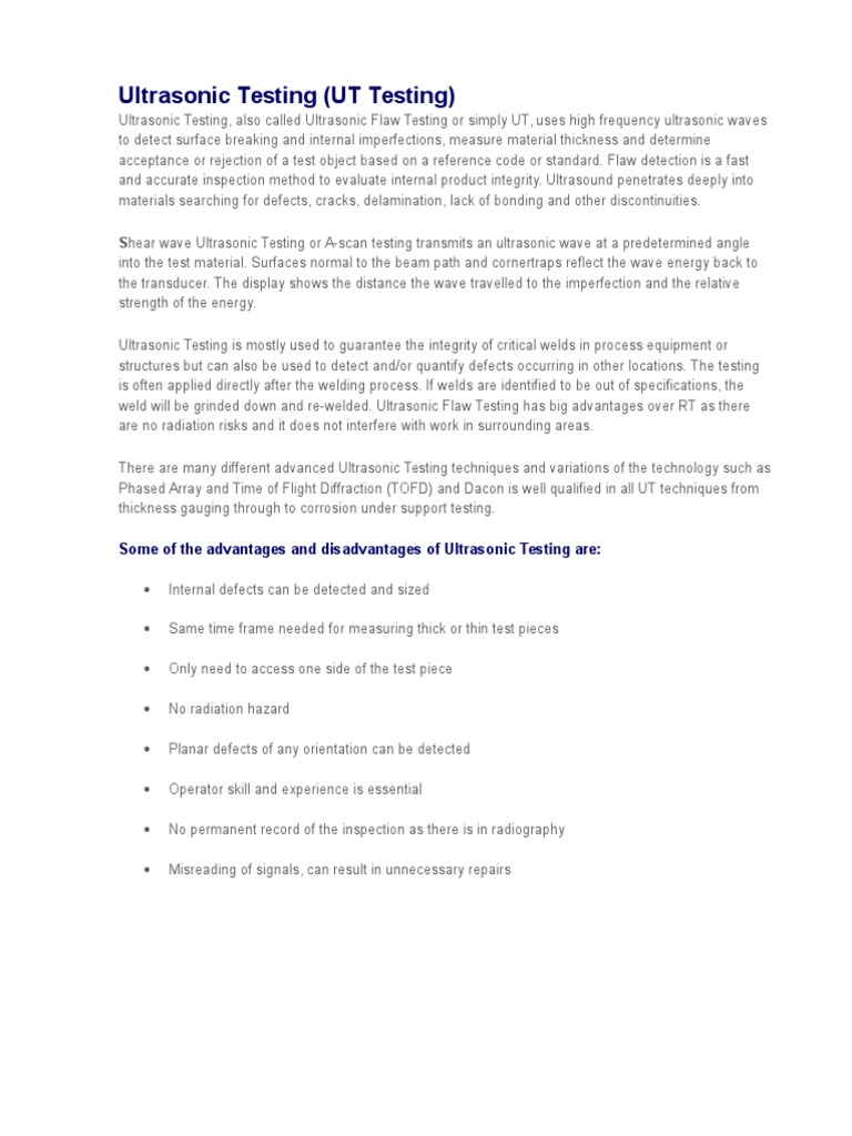 Ultrasonic Testing (UT Testing) | PDF