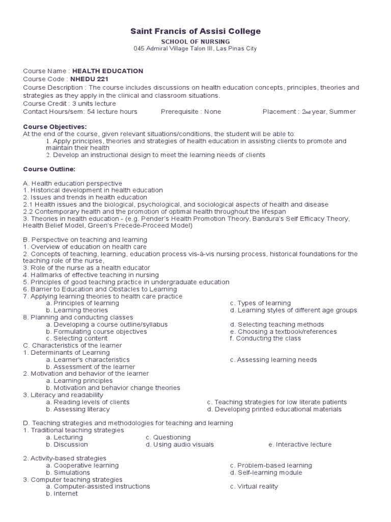 Health Educ Course Outline | PDF | Health Education | Nursing