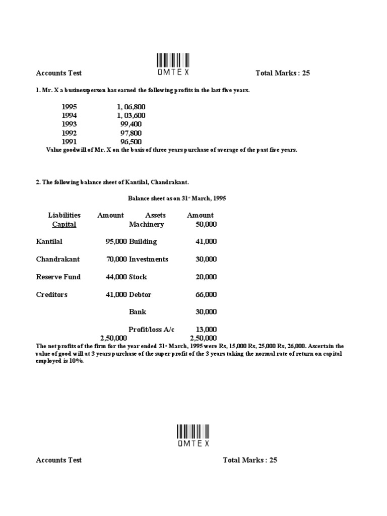 Accounts Test: Goodwill Valuation & Bills | PDF | Goodwill (Accounting ...