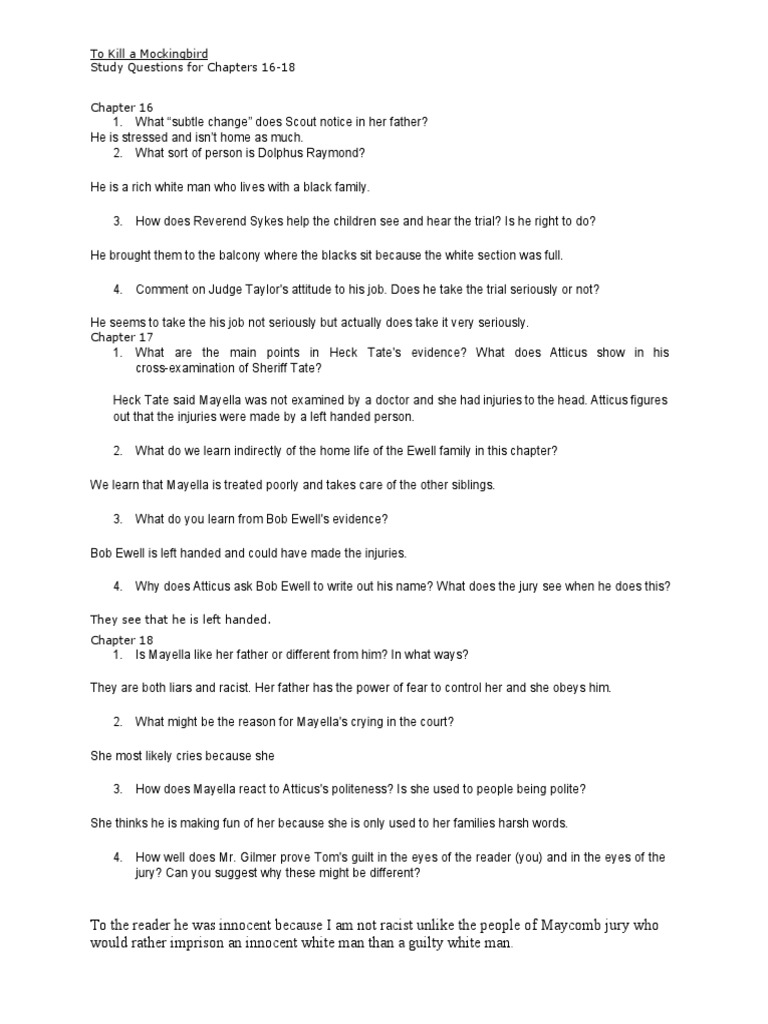 To Kill a Mockingbird: Chapters 16-18 Questions | PDF | Mystery ...