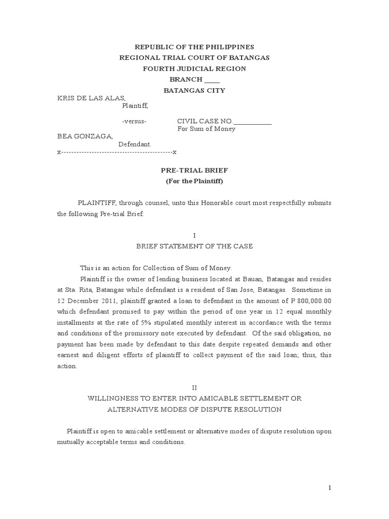 Pre Trial Brief Plaintiff | PDF | Lawsuit | Loans