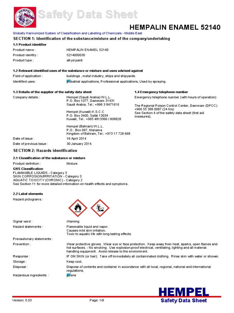 Hempalin Enamel 5214000030 en-us | Toxicity | Personal Protective Equipment