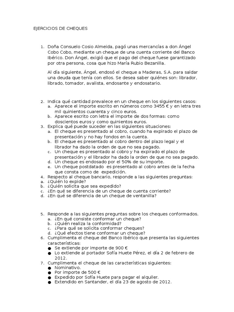 Ejercicios Prácticos de Cheques y Recibos | PDF | Coleccionar | Cheque