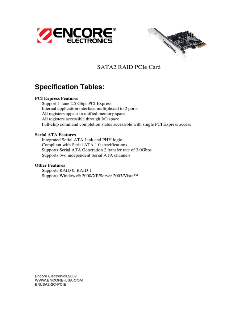 SATA2 RAID PCIe Card Specifications | PDF