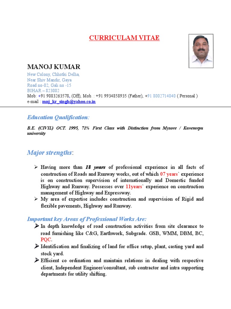 Manoj Kumar Updated CV 2016 | PDF | Consultant | Specification (Technical Standard)