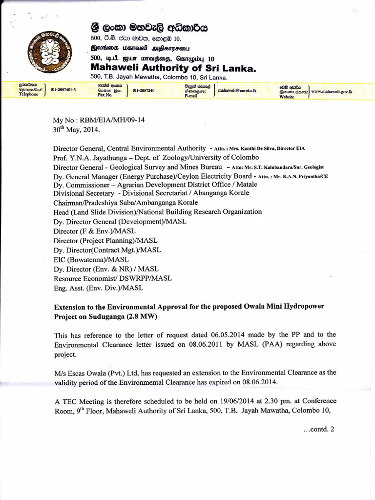 Letter From Mahaweli Authority of Sri Lanka - 0001 | PDF
