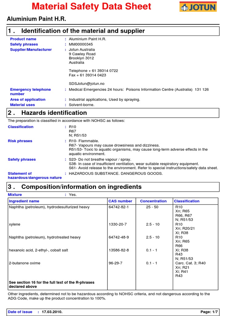 Aluminium Paint H.R. Safety Data Sheet | PDF | Waste Management ...