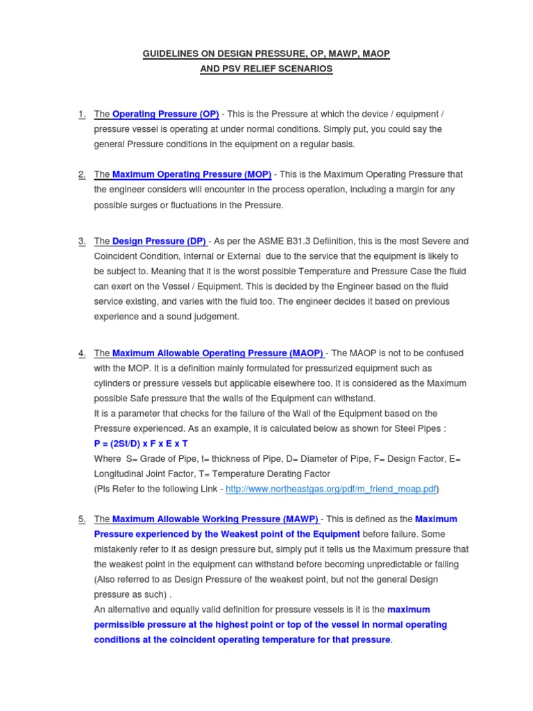 Guidelines On DP, Op, Mop, Maop, Mawp, PSV Setpoints | PDF | Pipe ...