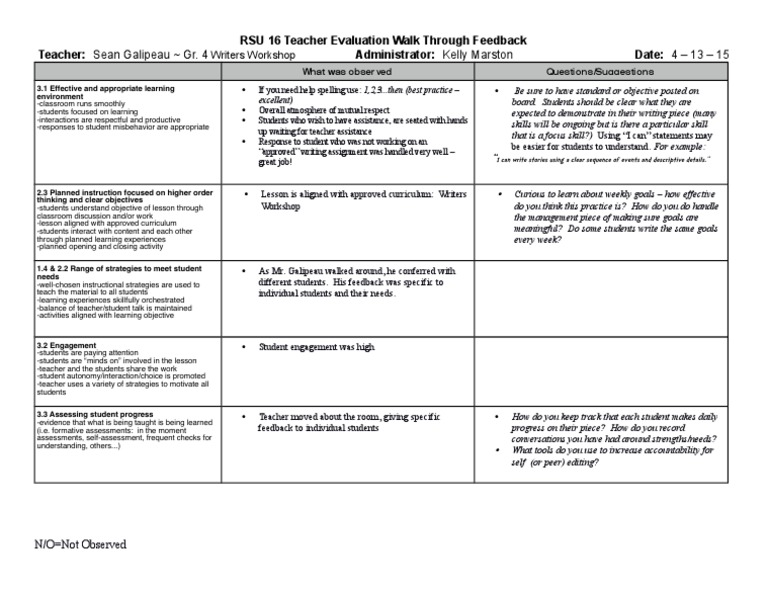 Sean G Walkthrough Observation Template | PDF | Educational Assessment ...
