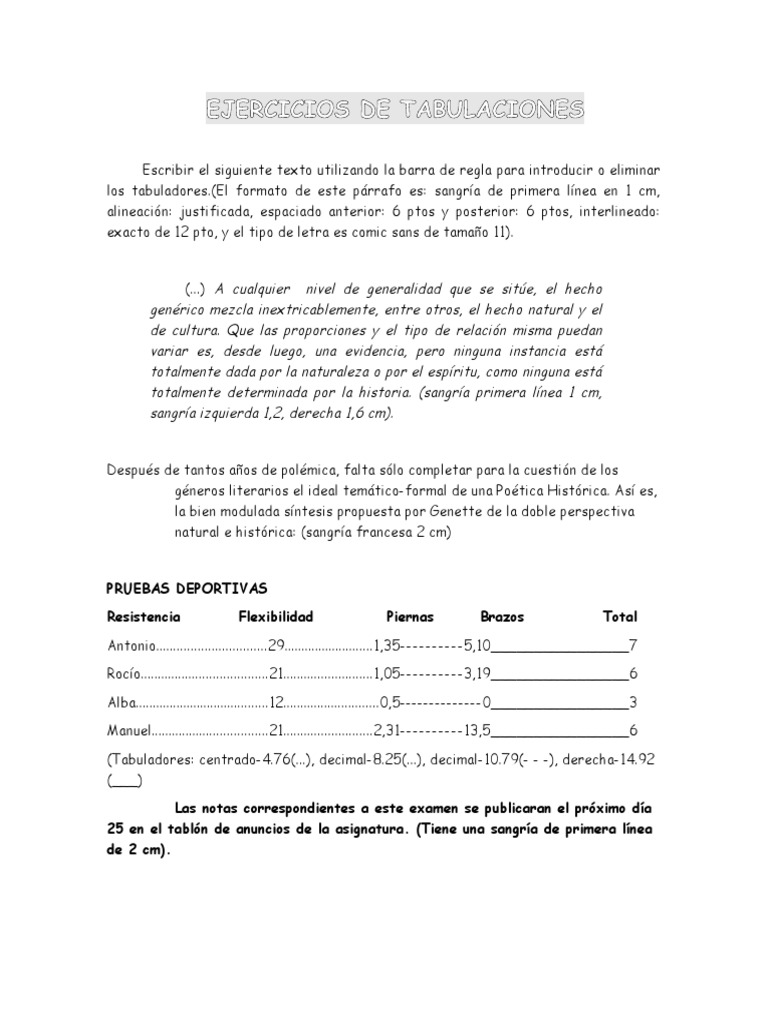 WORD: Ejercicios de Tabulaciones | PDF