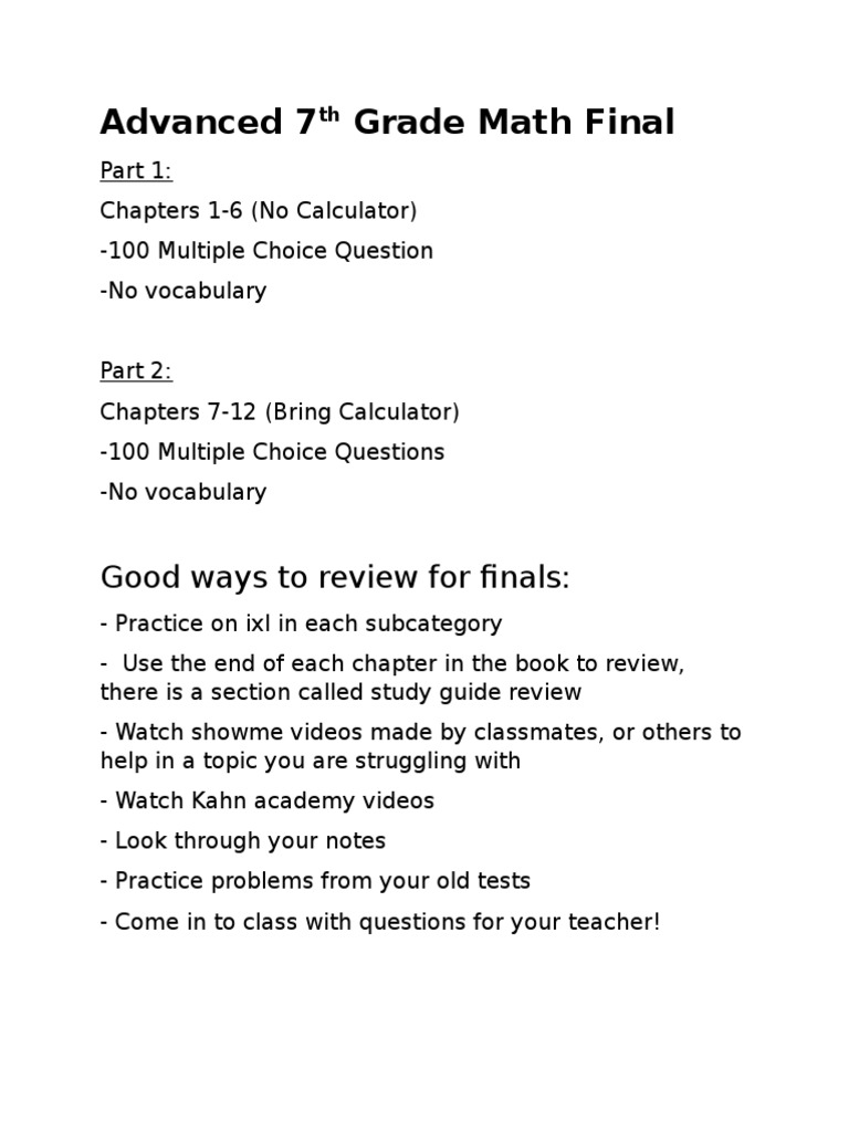 Advanced 7 Grade Math Final: Good Ways To Review For Finals | PDF