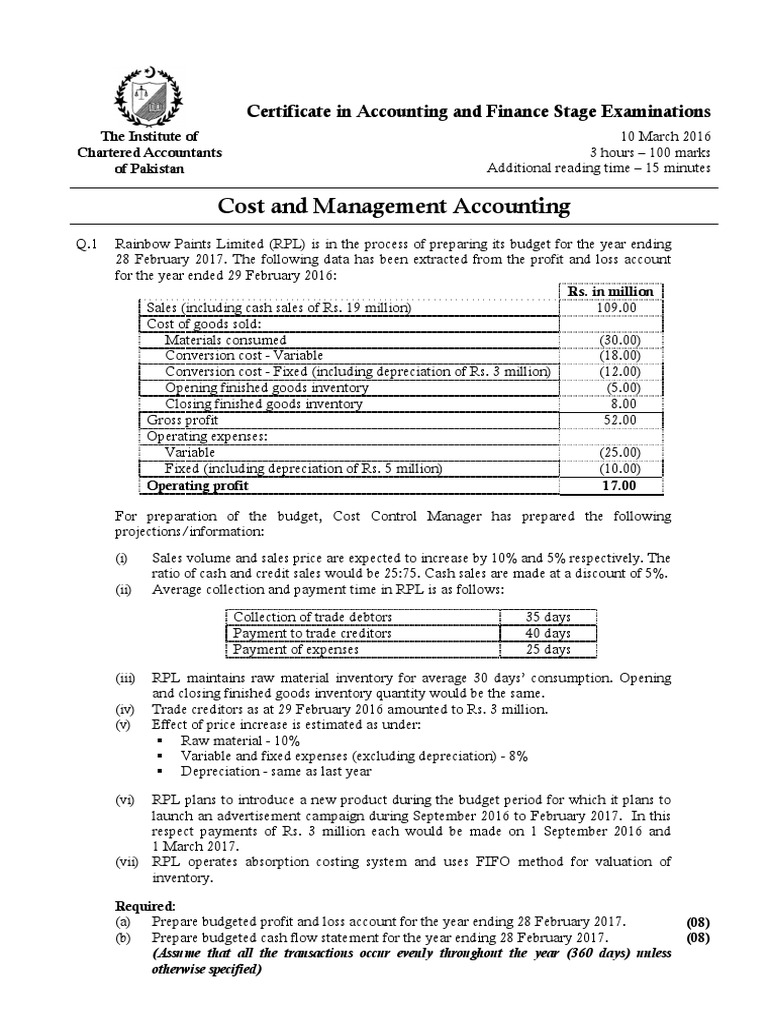 ICAP CMA Paper March 2016 | PDF | Option (Finance) | Cost Of Goods Sold