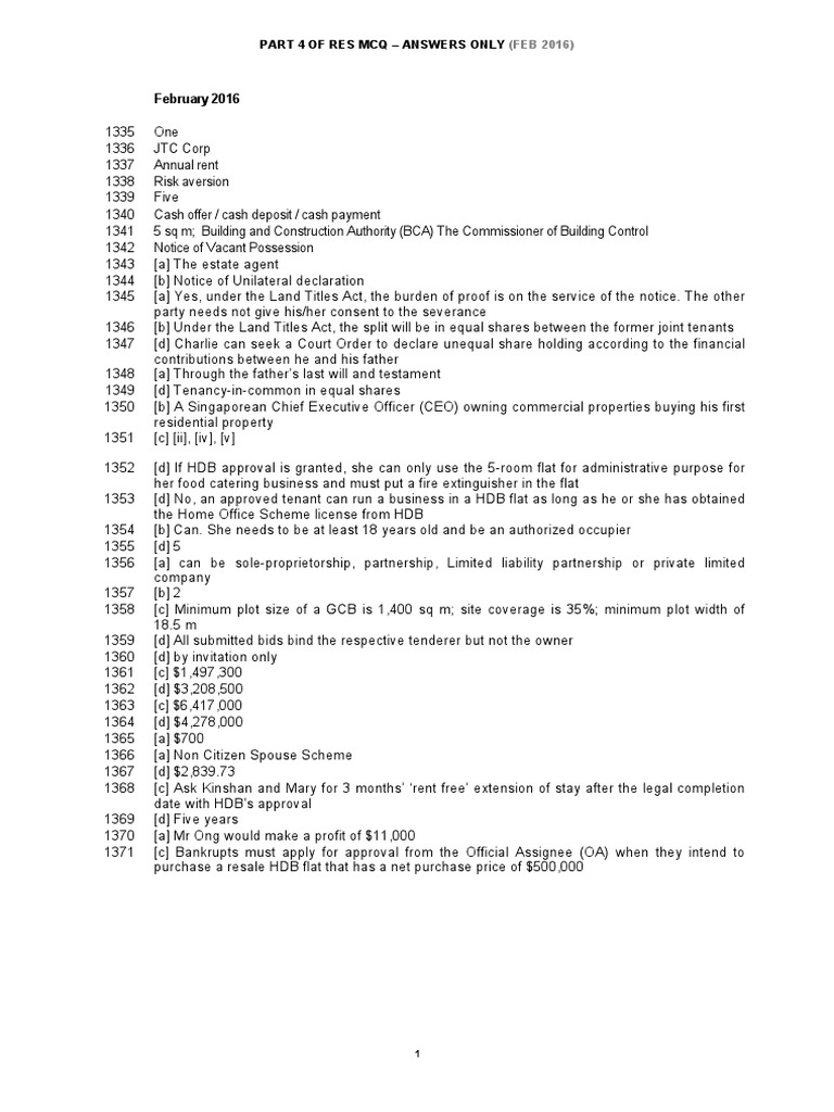 RES Exam MCQ Answers - Feb 2016 | PDF | Business | Finance & Money ...