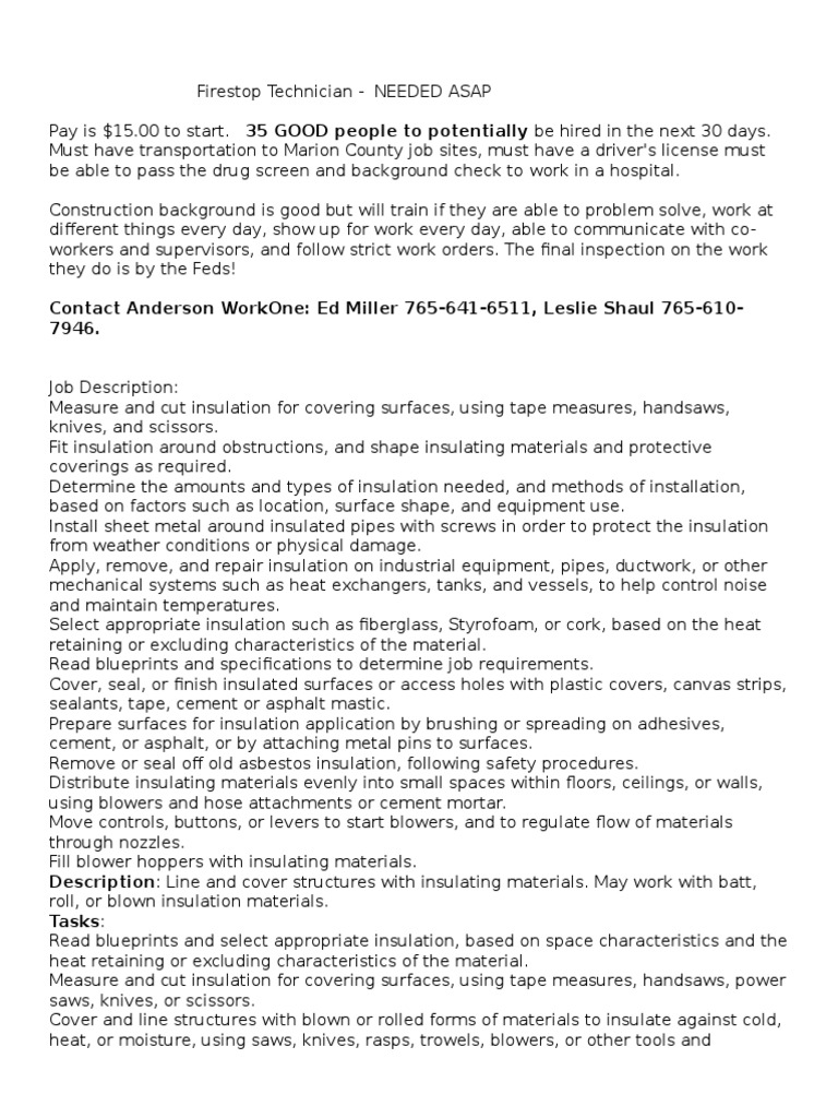 Firestop Technician Job Description | PDF | Thermal Insulation ...
