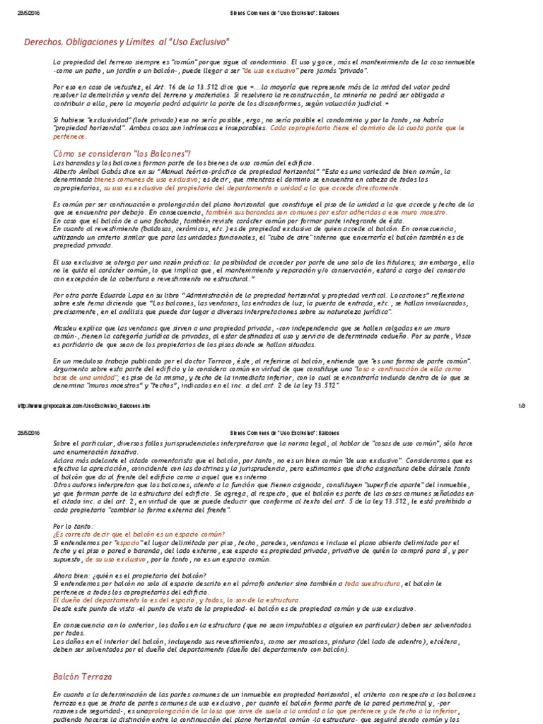 Balcones: Bienes Comunes de Uso Exclusivo | PDF | Condominio | Propiedad