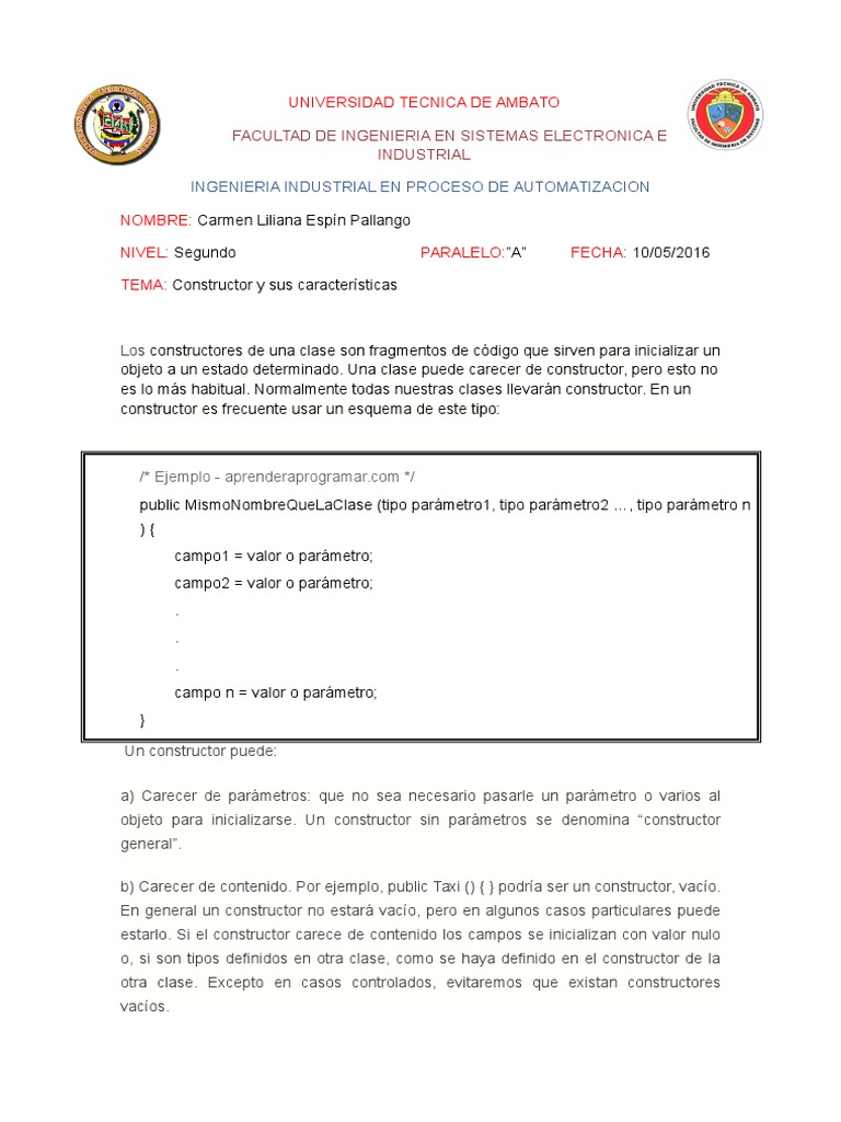 Características y tipos de constructores en Java | PDF | Taxi | Áreas ...
