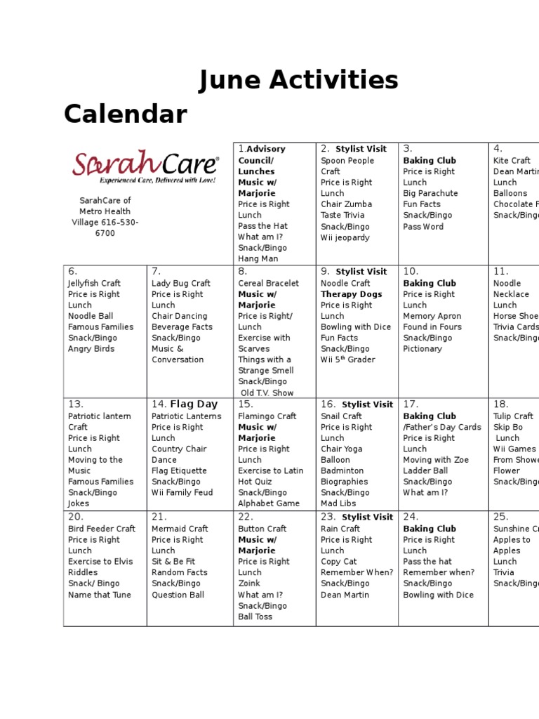 June Activity Calendar | PDF | Leisure | Foods