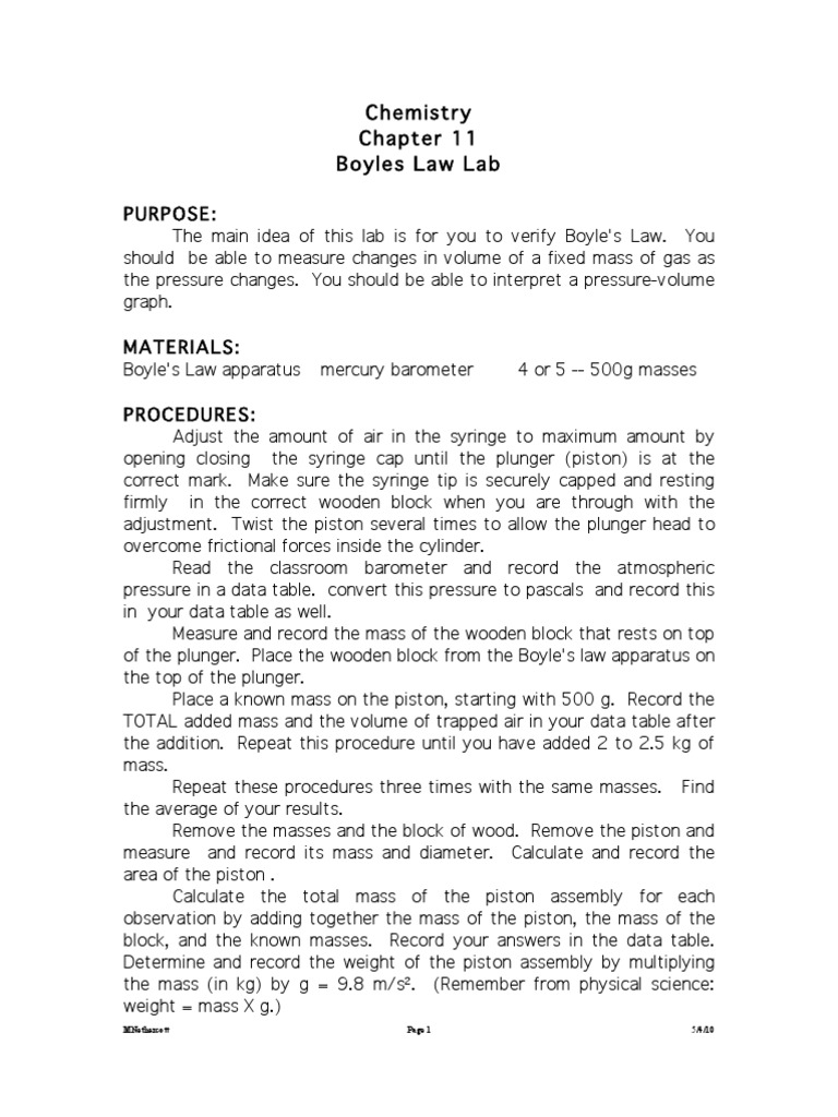Purpose:: Chemistry Boyles Law Lab | PDF | Gases | Pressure
