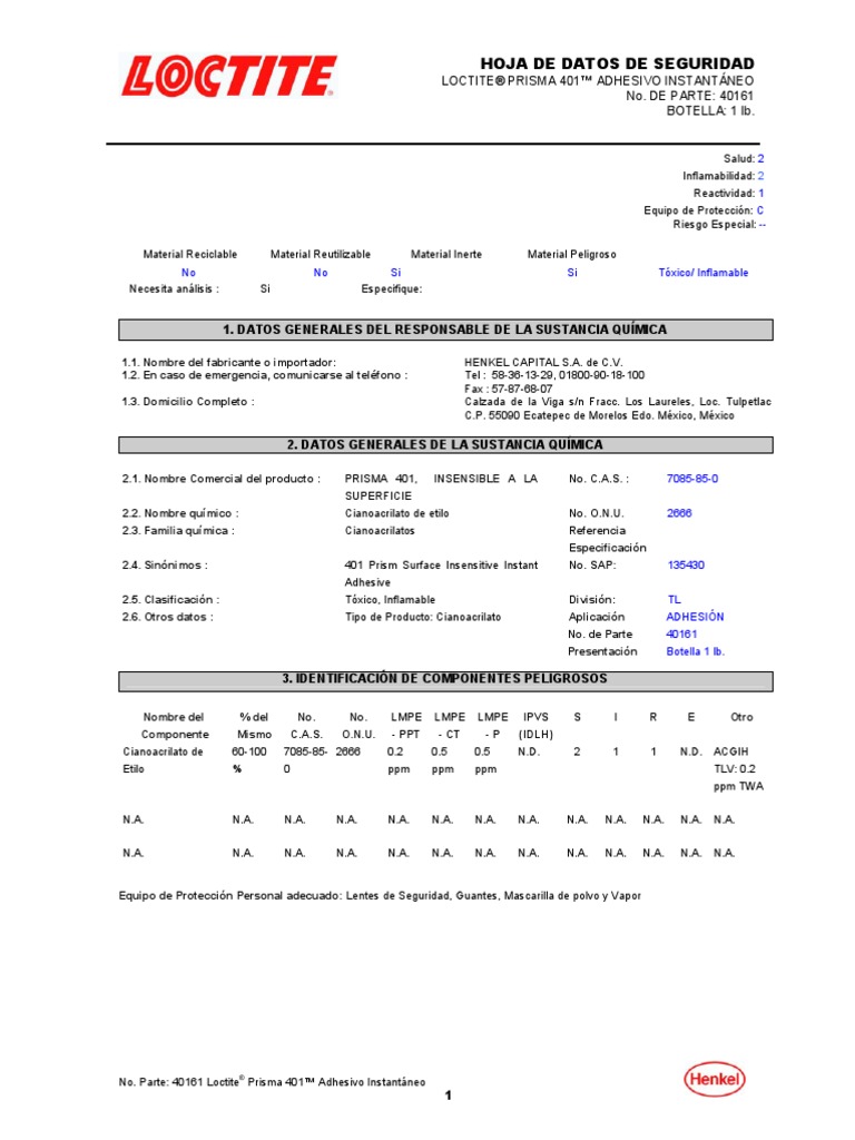 MSDS - Loctite 401 | PDF | Quemar | Alergia