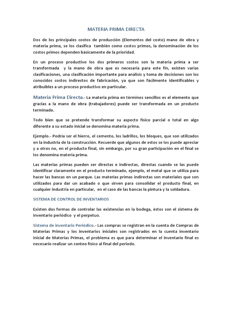 Materia Prima Directa | Materia prima | Inventario