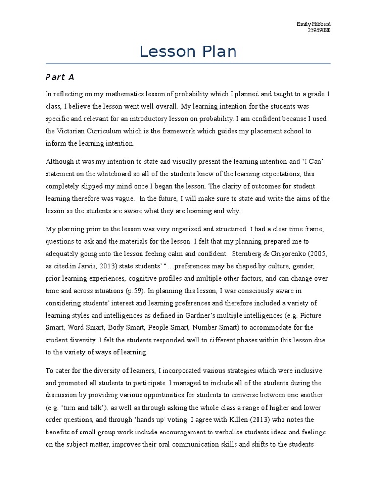 Emily Hibberd 25969080 Assignment 1 Lesson Plan | PDF | Lesson Plan ...
