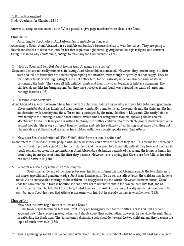 To Kill a Mockingbird: Study Guide for Chapters 13-15 | PDF | To Kill A ...