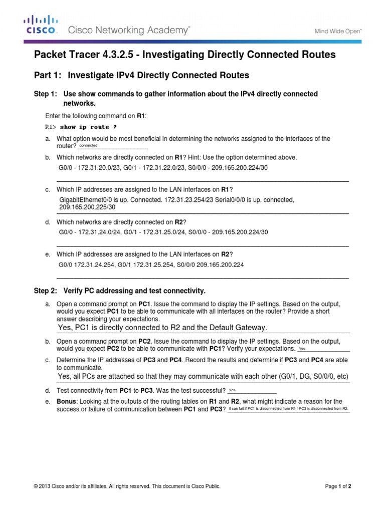 Completed DOC 4.3.2.5 Investigating Directly Connected Routes | PDF ...