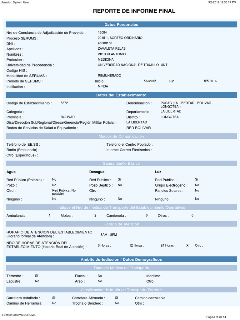 RPT SERUMS InformeFinal PDF | PDF | Enfermería | Medicina