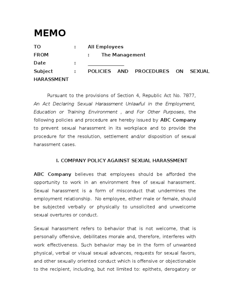 ABC Company Sexual Harassment Policy Memo | PDF | Sexual Harassment ...