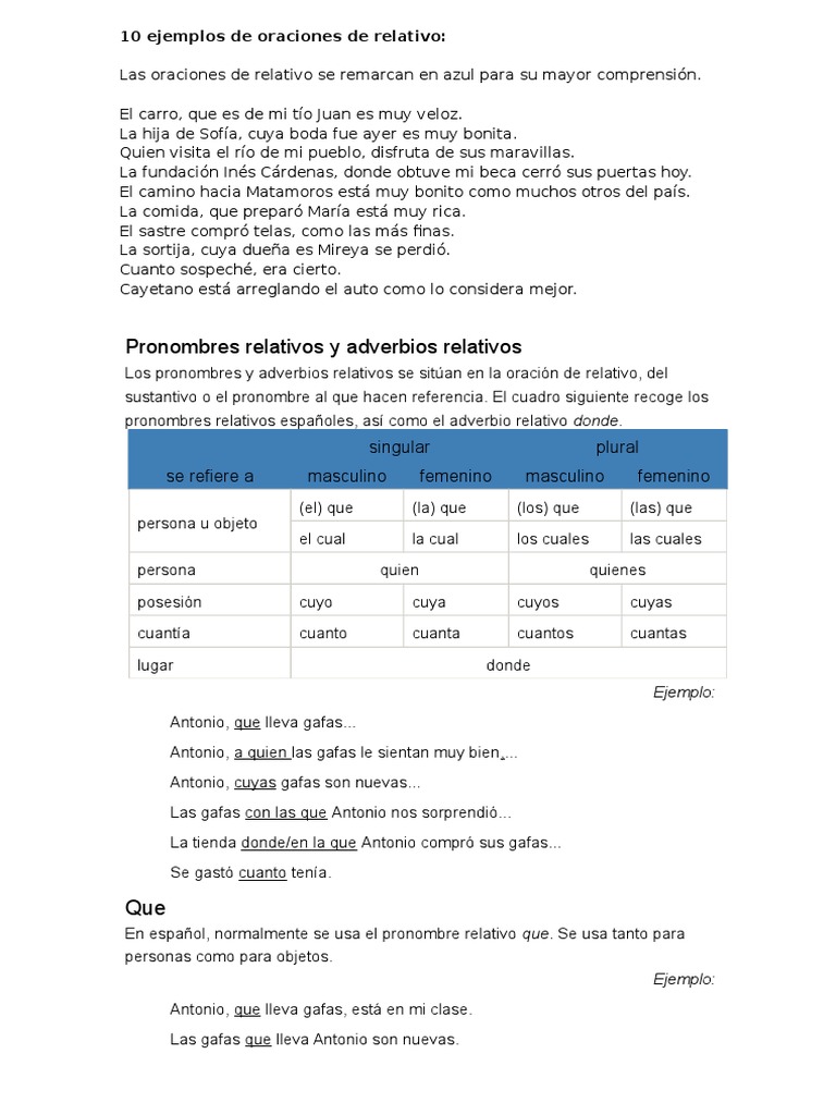 10 Ejemploseryre de Oraciones de Relativo | PDF | Sustantivo | Adjetivo