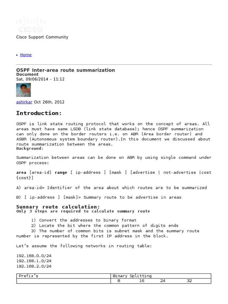 Cisco Support Community - Ospf Inter-Area Route Summarization - 2014-09-06 | PDF | Internet ...