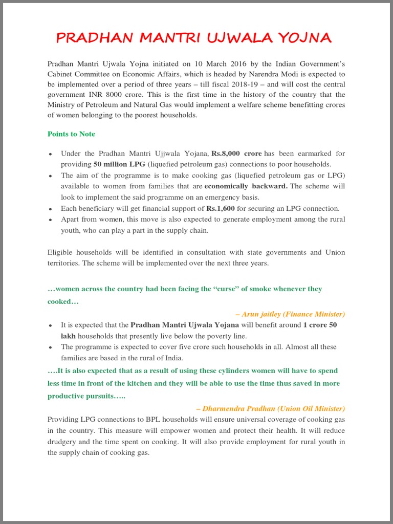 Pradhan Mantri Ujwala Yojna: Points To Note | Download Free PDF | Liquefied Petroleum Gas | Wellness