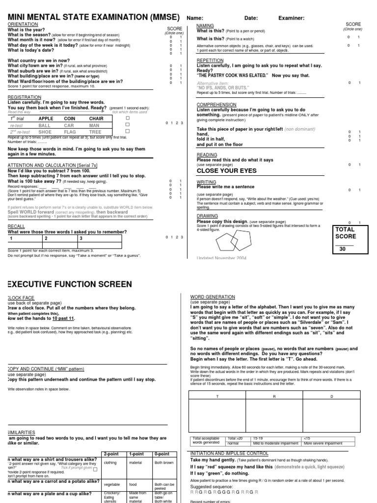 Mini Mental State Examination (Mmse) : Name: Date: Examiner | PDF ...