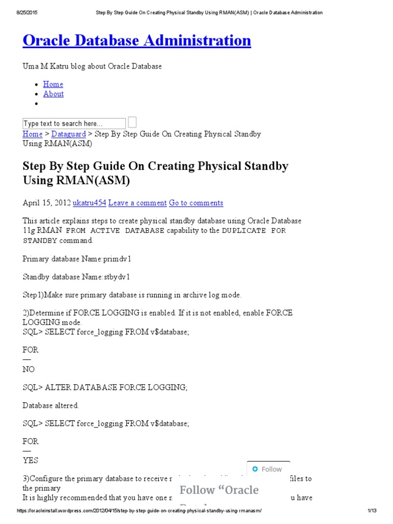 Step by Step Guide On Creating Physical Standby Using RMAN (ASM) - Oracle Database ...