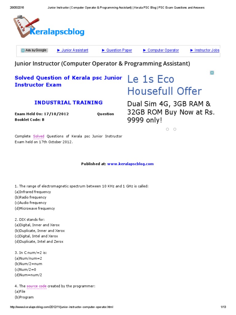 Junior Instructor (Computer Operator & Programming Assistant) - Kerala ...