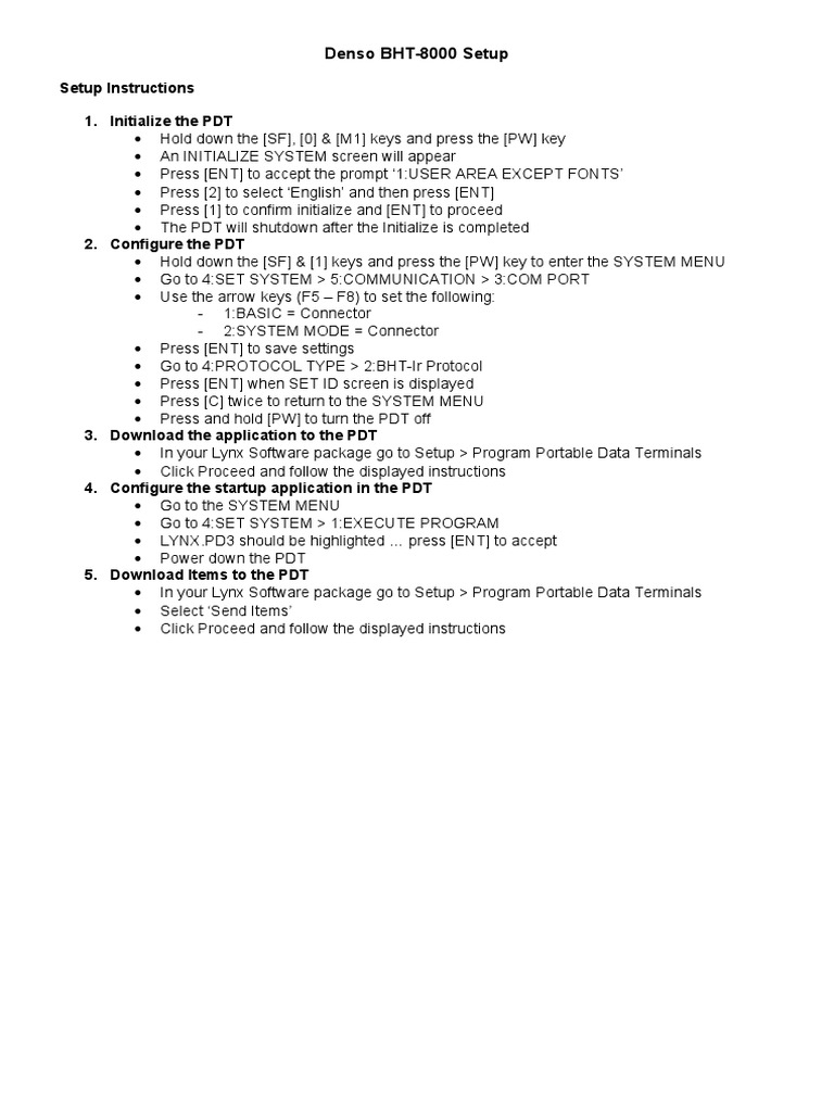 Denso BHT-8000 Setup: Setup Instructions 1. Initialize The PDT | PDF