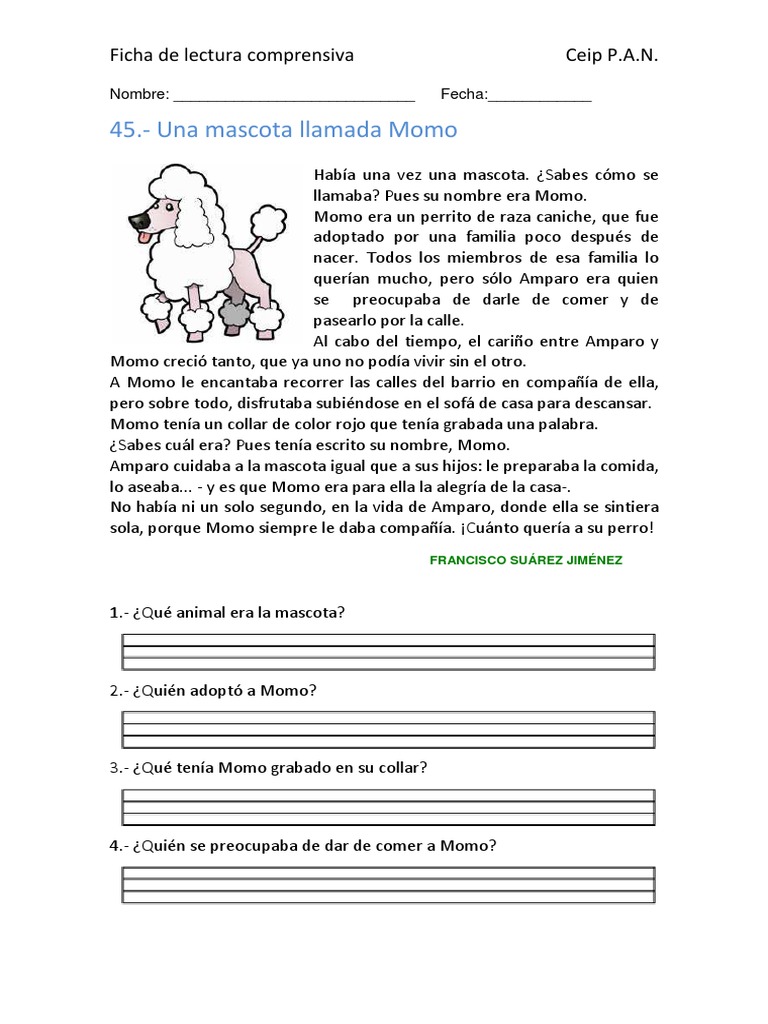 2ºficha de Lectura Comprensiva 14 | PDF | Mascota