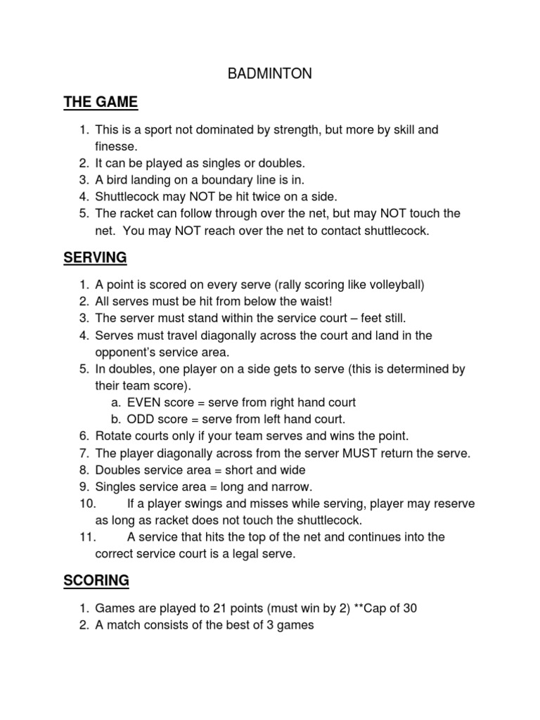 Badminton - Basic Rules | PDF | Recreation | Leisure