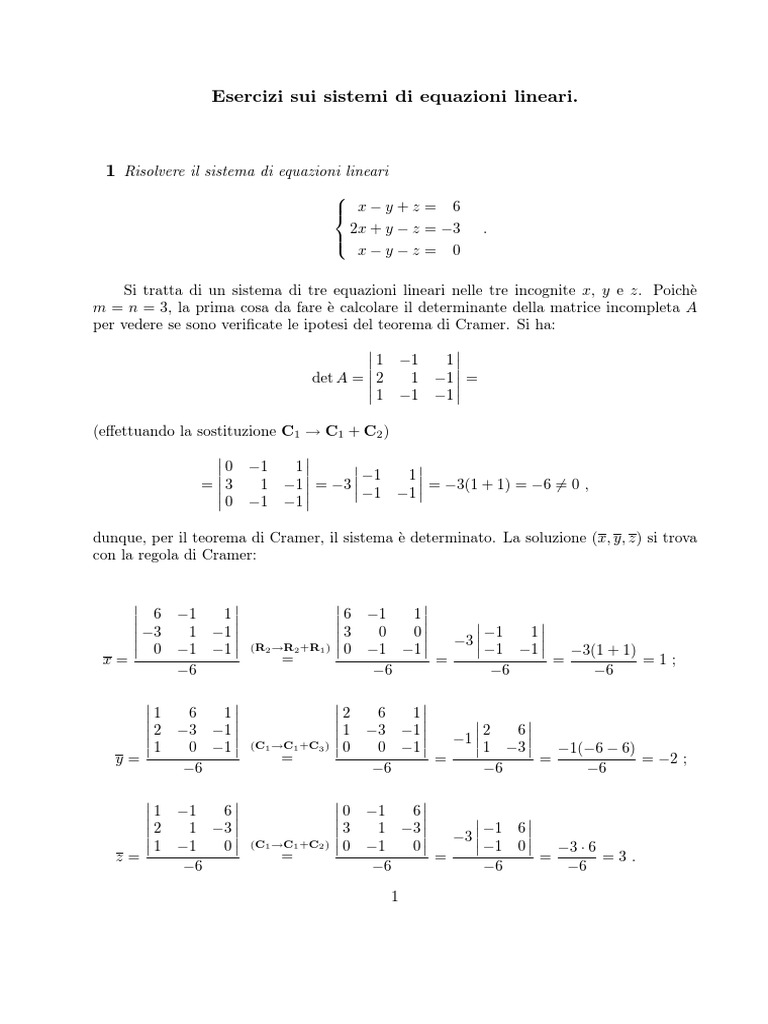 Esercizi Sui Sistemi Di Equazioni Lineari | PDF