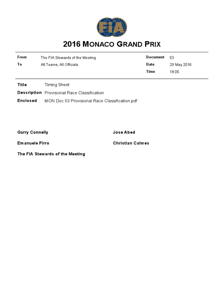 Onaco Rand RIX: Timing Sheet | PDF | Formula One | Grand Prix Motor Racing