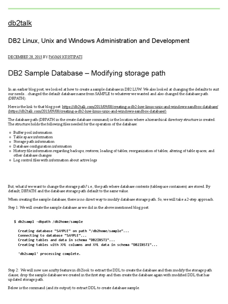 DB2 Sample Database - Modifying Storage Path - Db2talk | PDF | Ibm Db2 | Databases