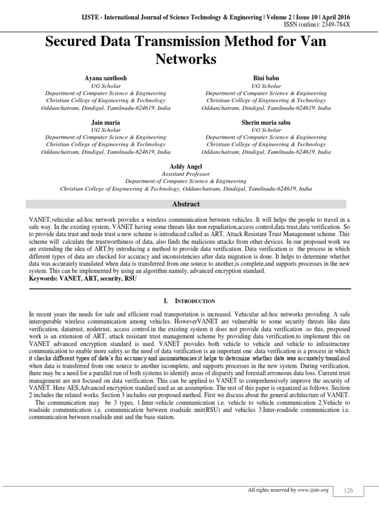 Secured Data Transmission Method For Van Networks | PDF | Authentication | Wireless Ad Hoc Network