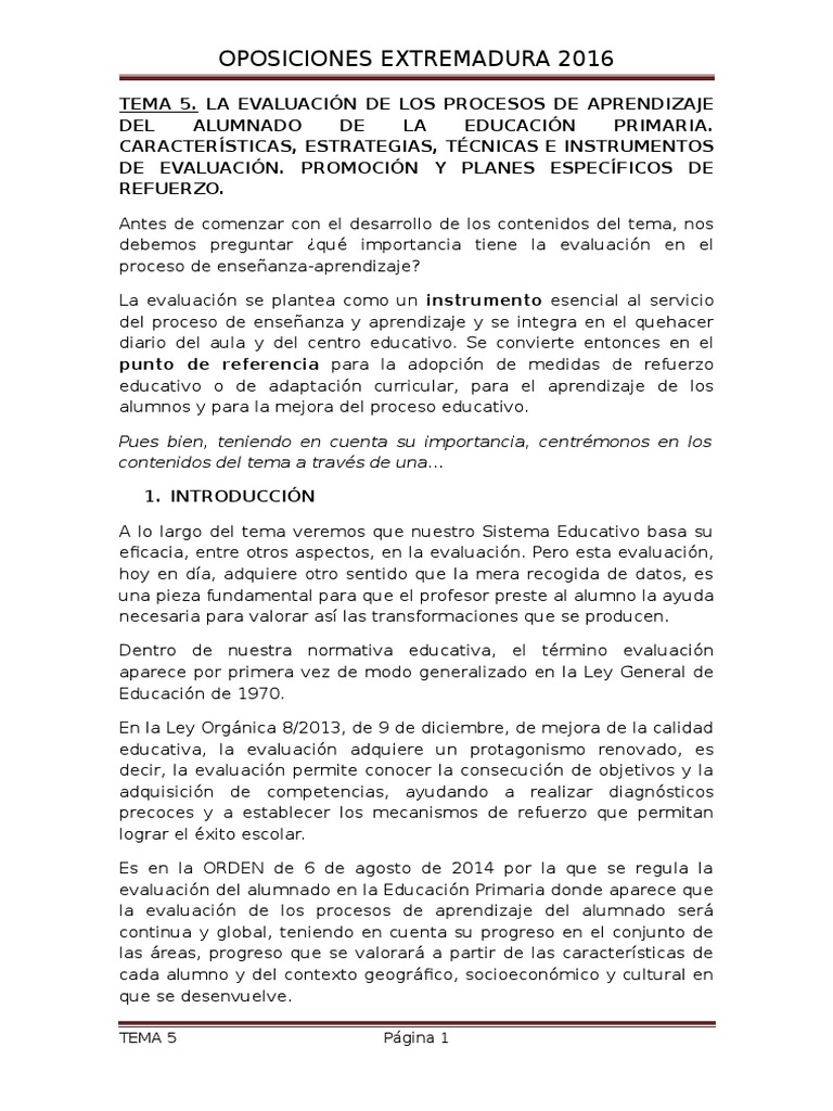 Temario Oposiciones Maestro ED - PRIMARIA. Resumen Tema 5 | PDF ...