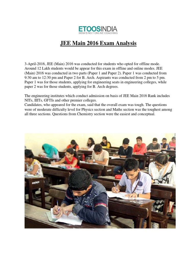 JEE Main 2016 Exam Difficulty Analysis | PDF | Physics | Chemistry