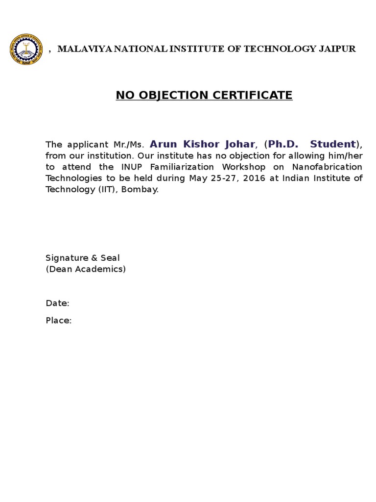 No Objection Certificate: Malaviya National Institute of Technology ...