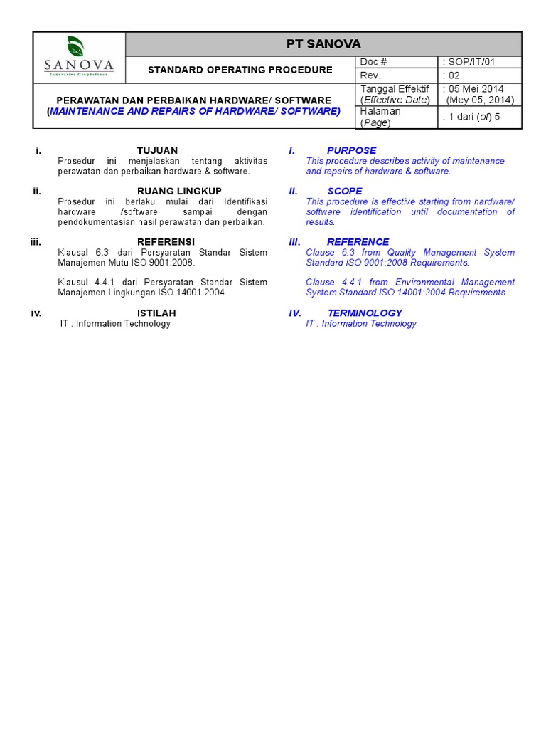 CONTOH SOP - It Perawatan Dan Perbaikan Hardware Software | PDF